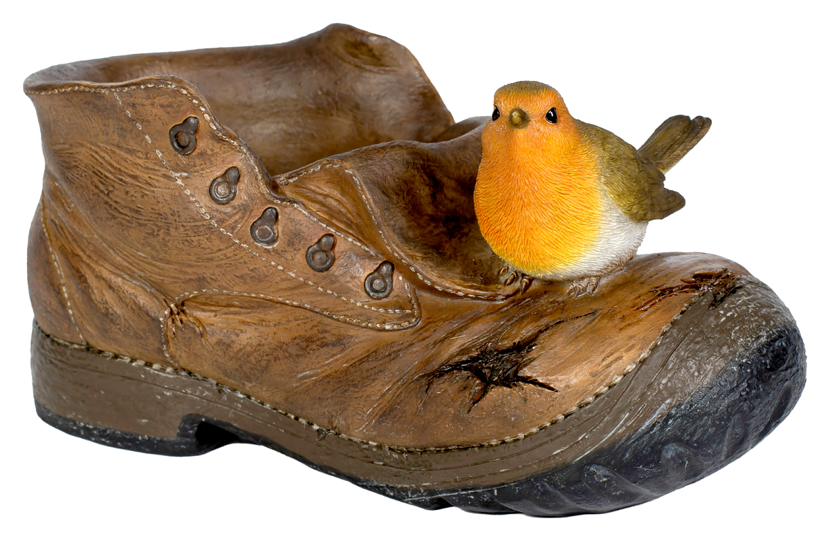Robin in Old Work Boot Planter By Vivid Arts | Mill Race Garden Centre
