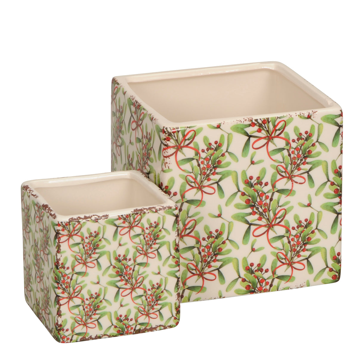 12cm Large Red and Green Ceramic Mistletoe Square Flower Pot | Mill ...